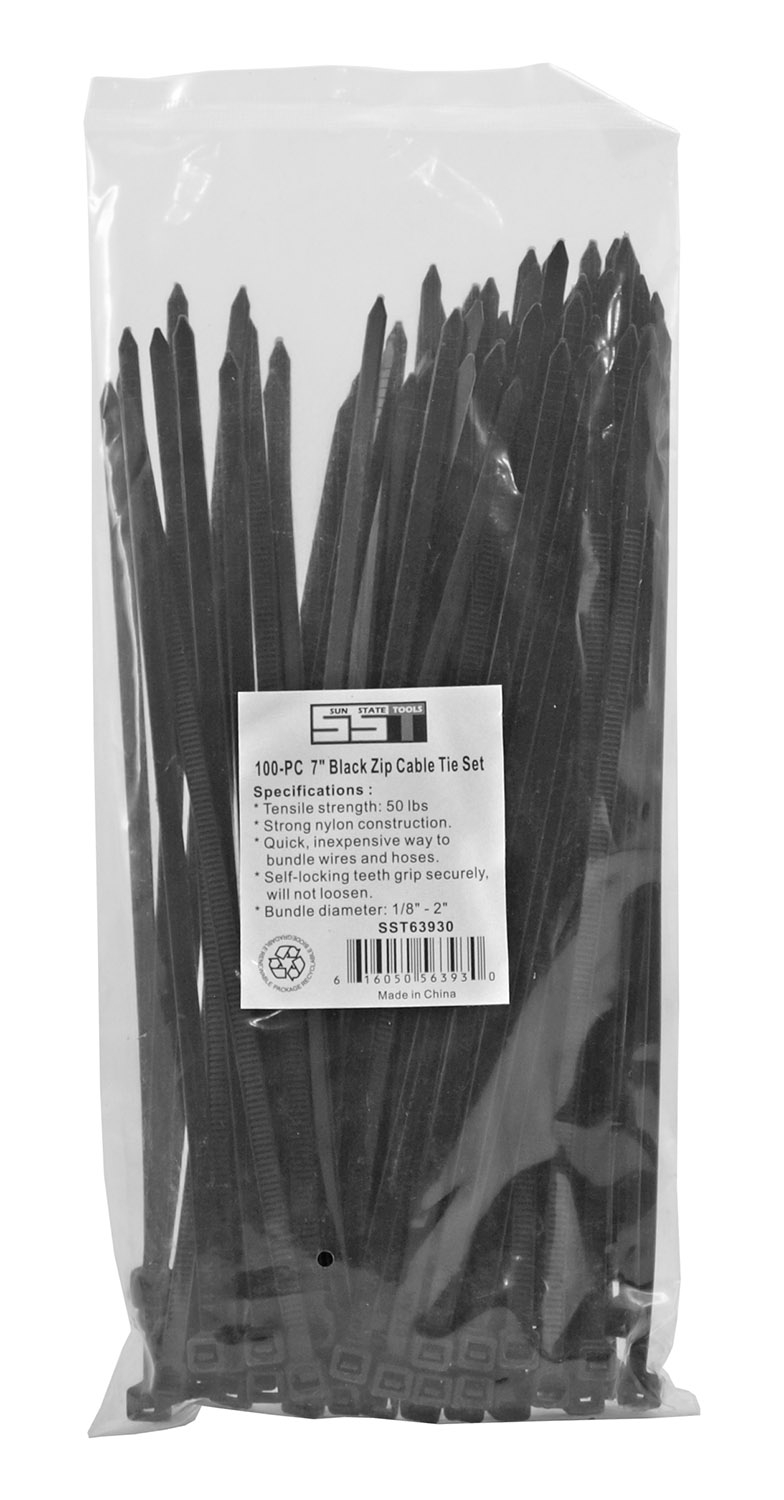 100 pc. 7" Black Zip Cable Tie Set - Sun State Tools